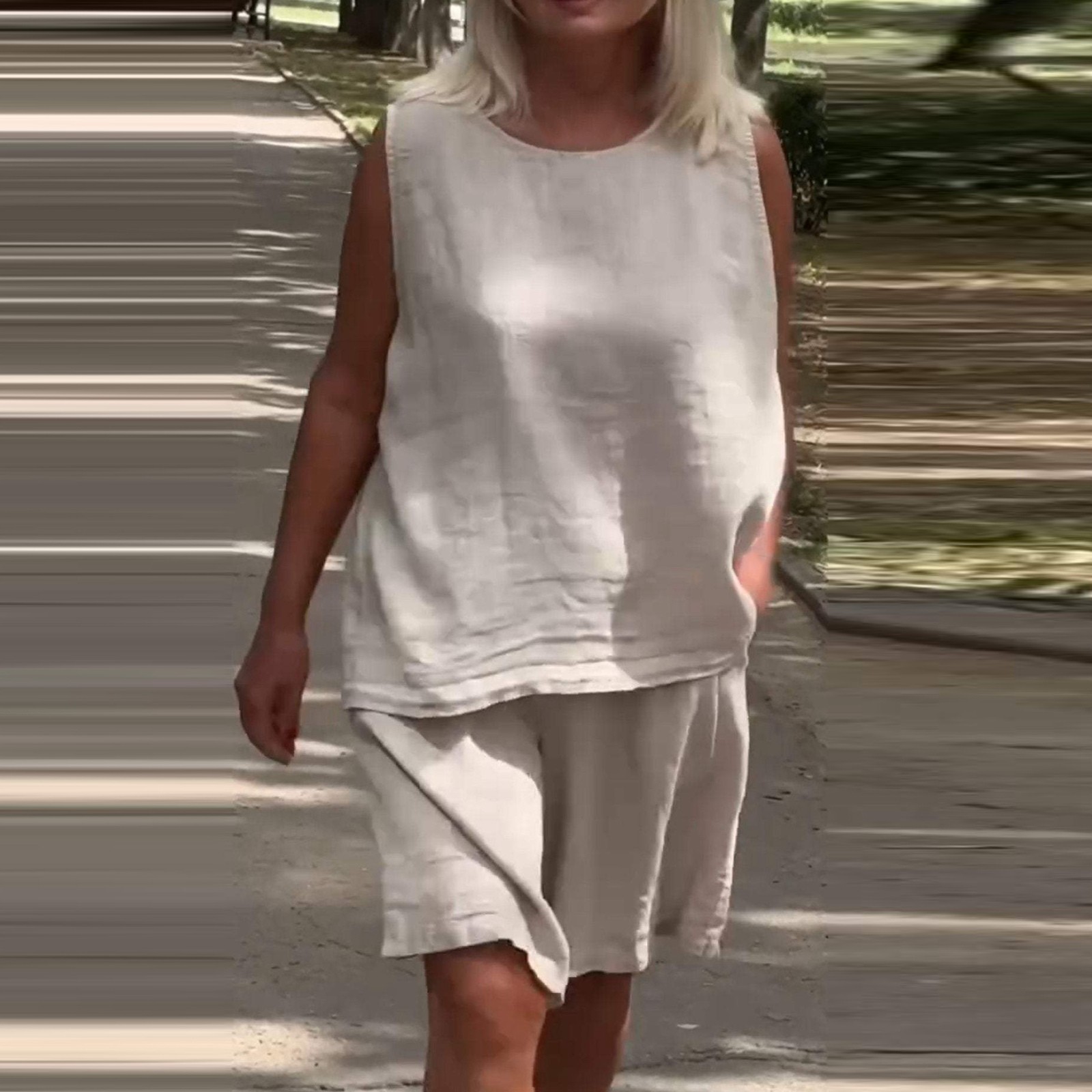 Women's Linen Sleeveless Casual Two Piece Set With Round Neck Short ...