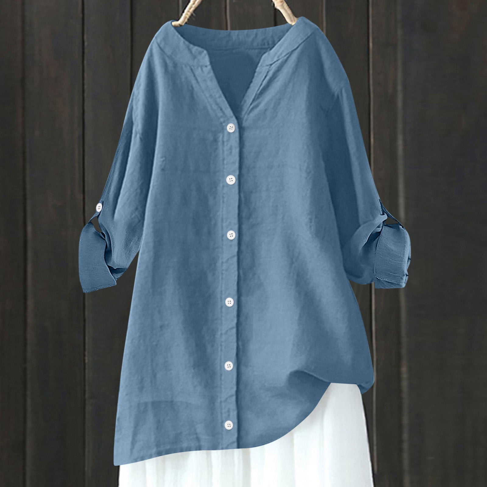 Women's Linen Top Oversized Long Sleeve Button Down Shirts Casual V ...