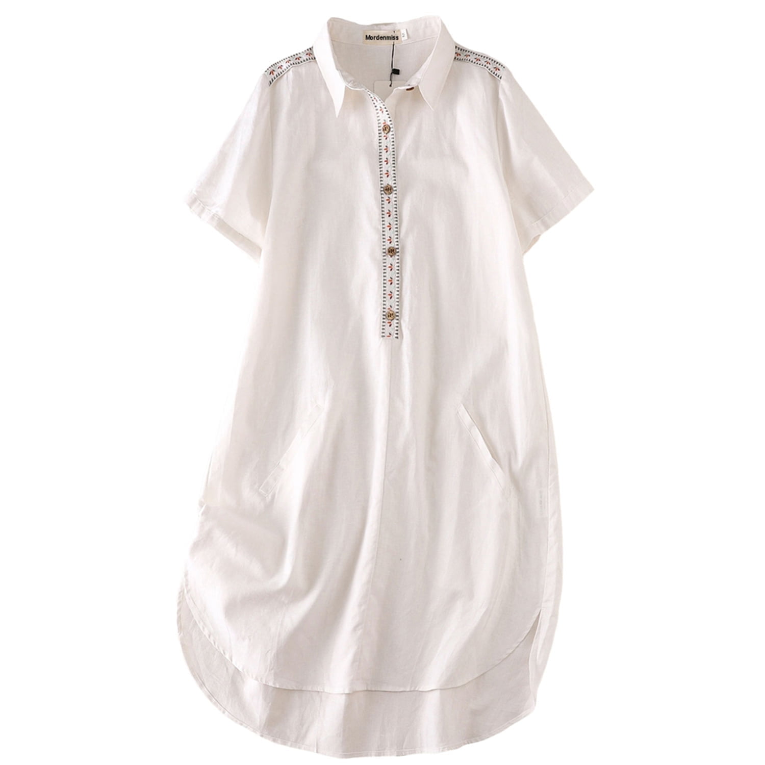 Women's Linen Tunic Dresses Floral Embroidered Button Down Midi Dress ...