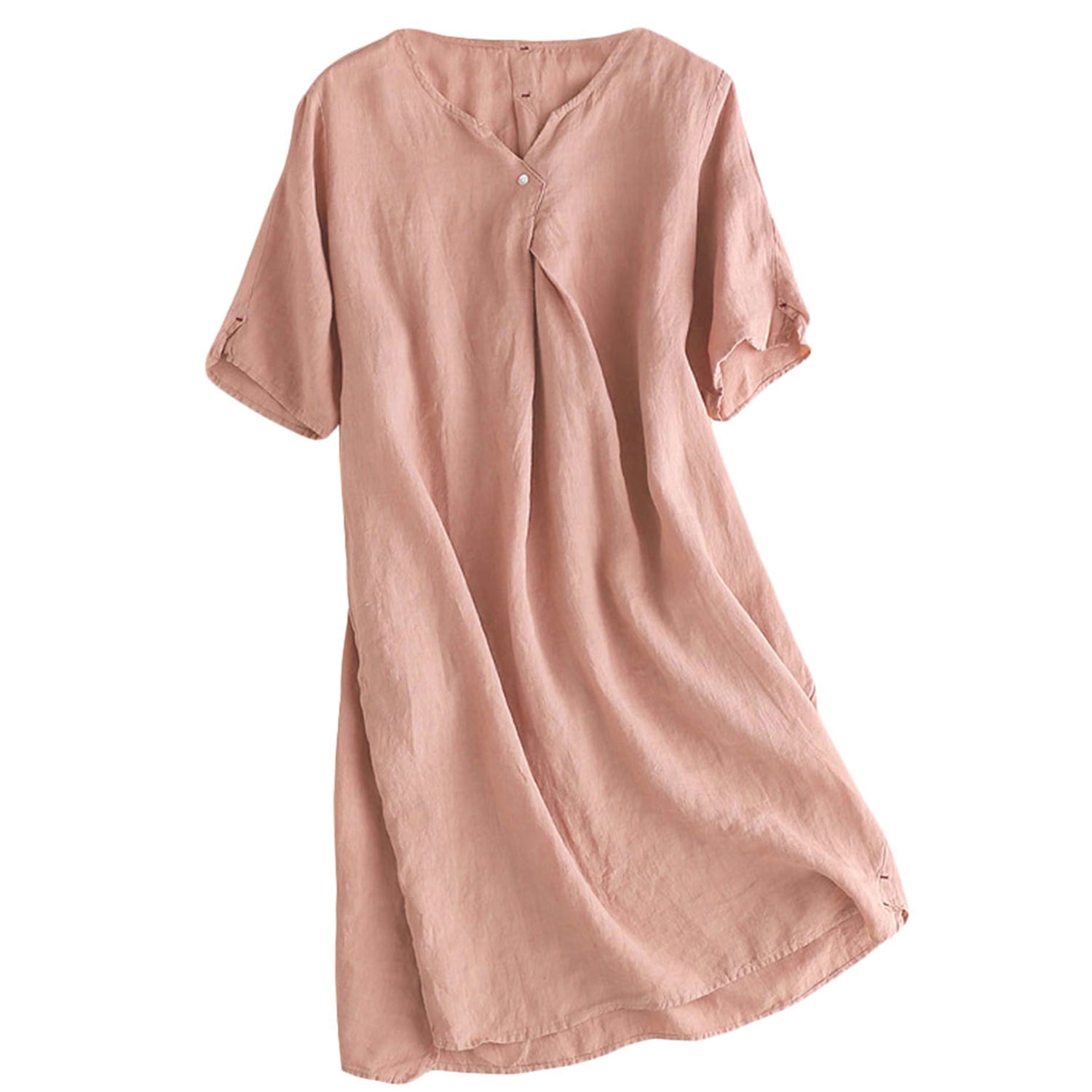Women's Linen Tunic Dresses V-Neck Baggy Midi Dress Hi-Low Tops Pink XL ...