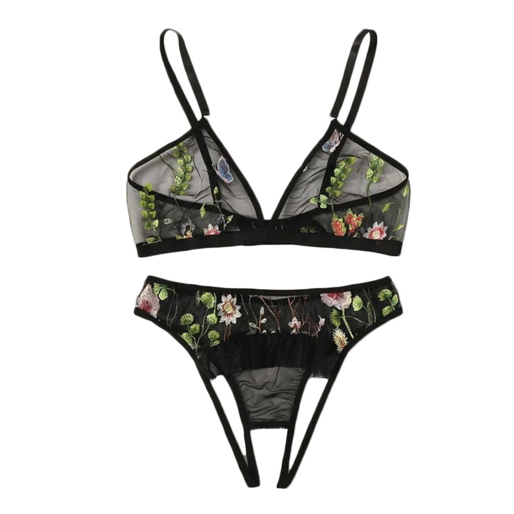 Womens Lingerie Set Underwear Embroidery Lace Bra Thong Set