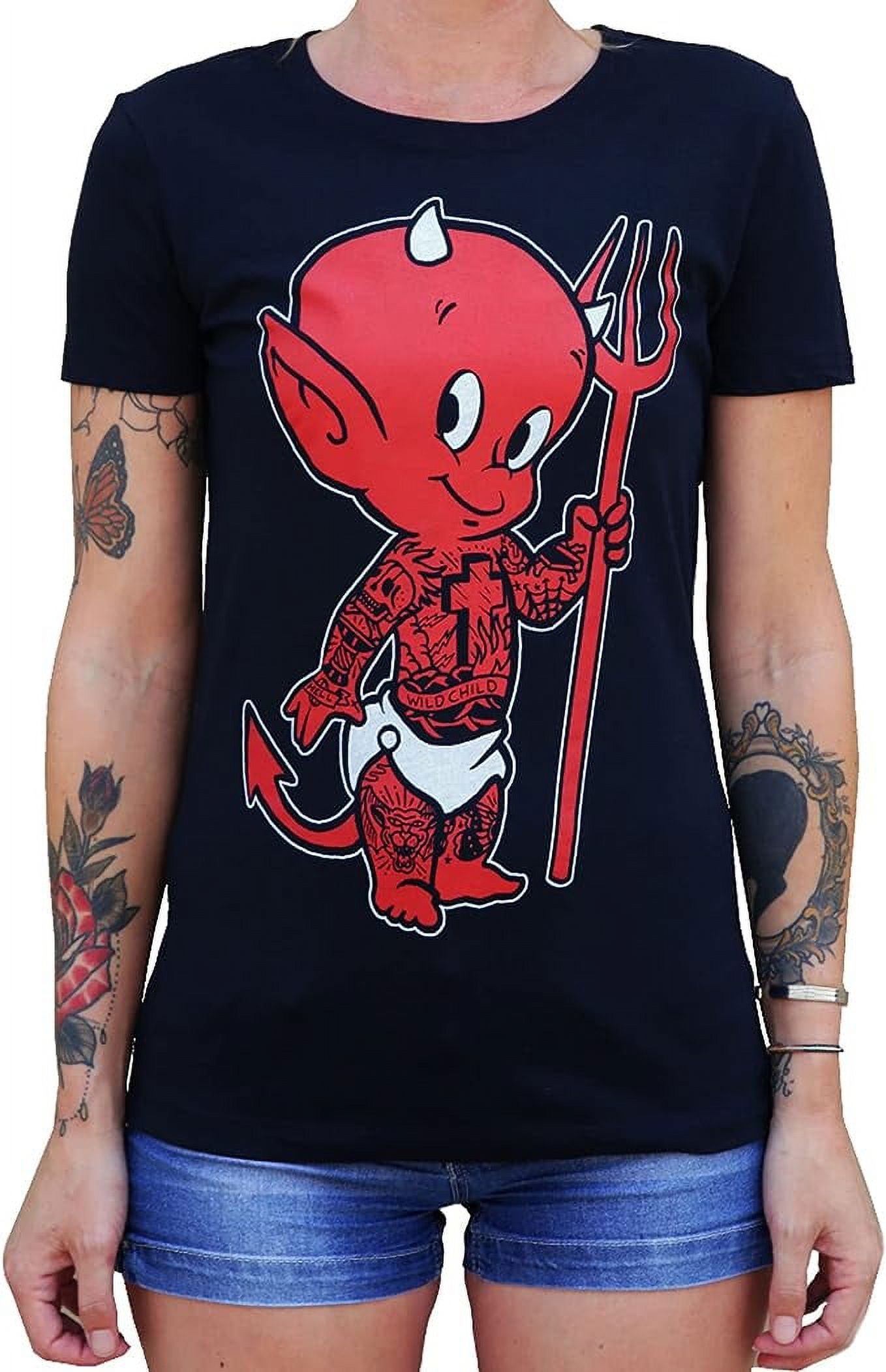 Women's Little Baby Red Devil by Adi Cartoon Tattoo Black Graphic Tee T ...