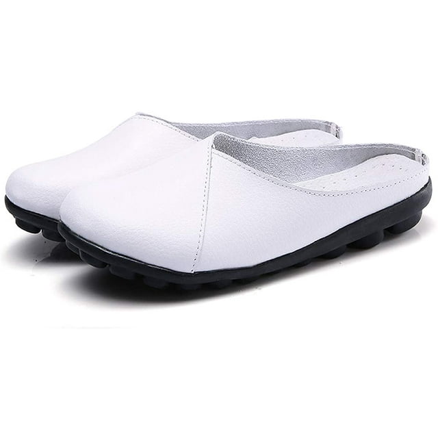 Women's Loafers Slip-on Leather Shoes Open Back Mule Casual Flat Shoes ...