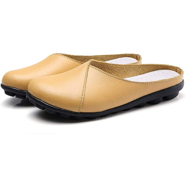 Women's Loafers Slip-on Leather Shoes Open Back Mule Casual Flat Shoes ...