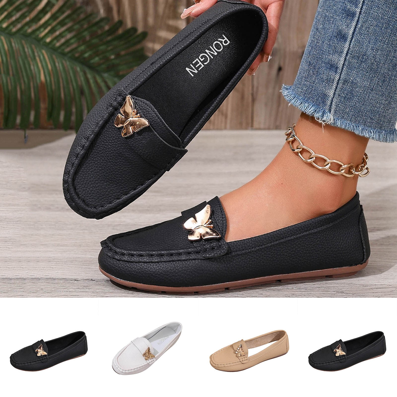 Women's Loafers Wide Width, Slip-On Moccasins with Butterfly Metal ...