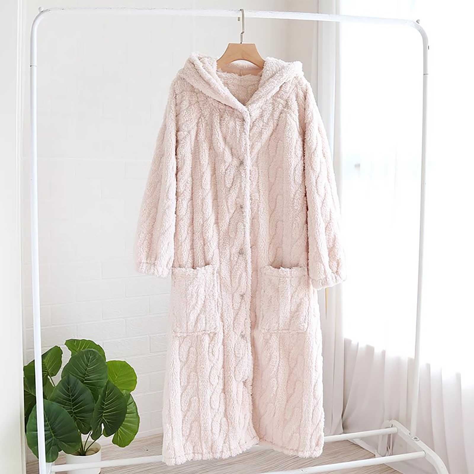 Women's Long Bathrobe Soft Warm Long Sleeve Button down Housecoat Fuzzy ...