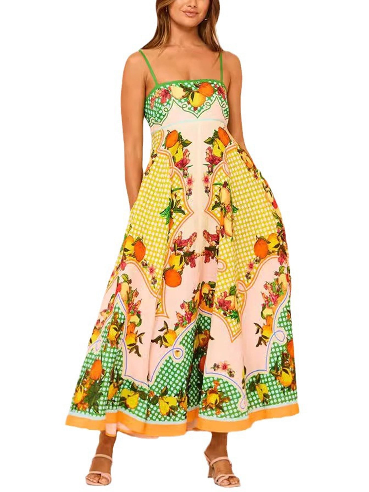 Women's Long Beach Dress Sleeveless Spaghetti Strap Square Neck Fruit ...