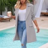 Women's Long Blazer Jacket Open Front Lapel Collar Button Dressy Work ...