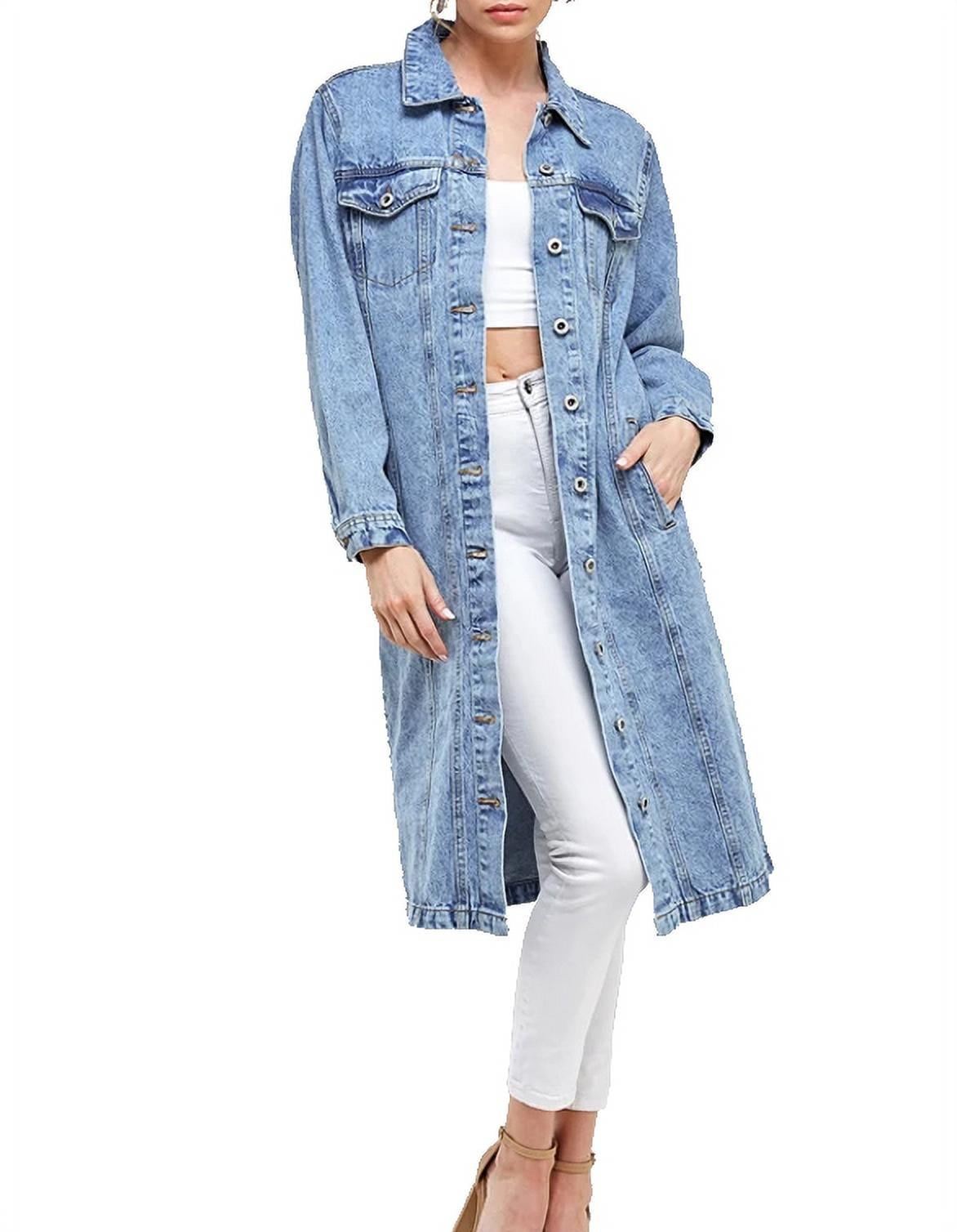 Women's Classic Oversized Light Blue Denim Jacket, Maxi Length with ...