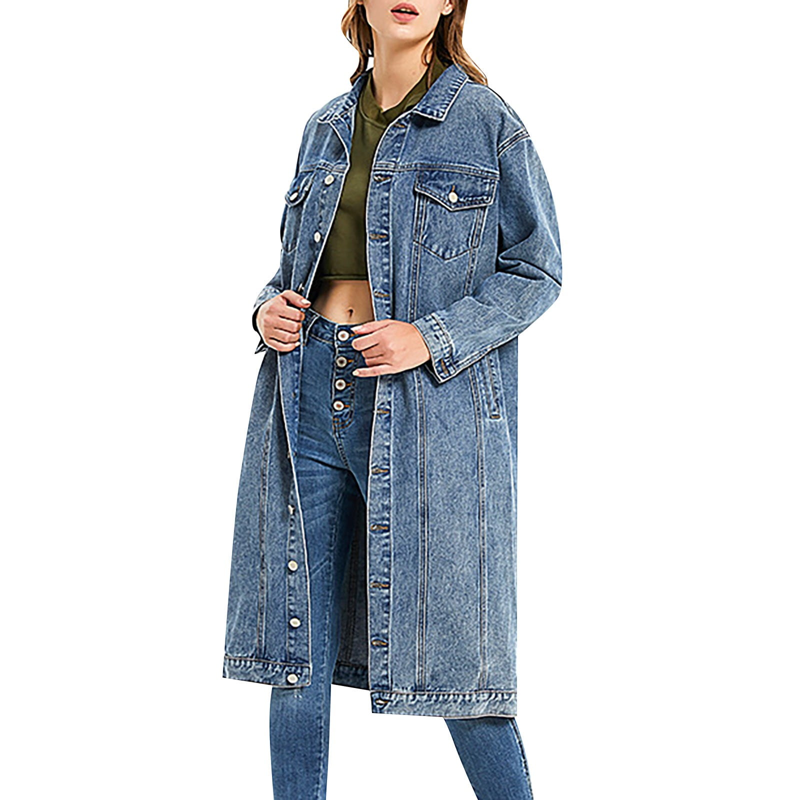 Women's Long Denim Jacket, Plus Size Oversized Trench Coat, Knee Length ...