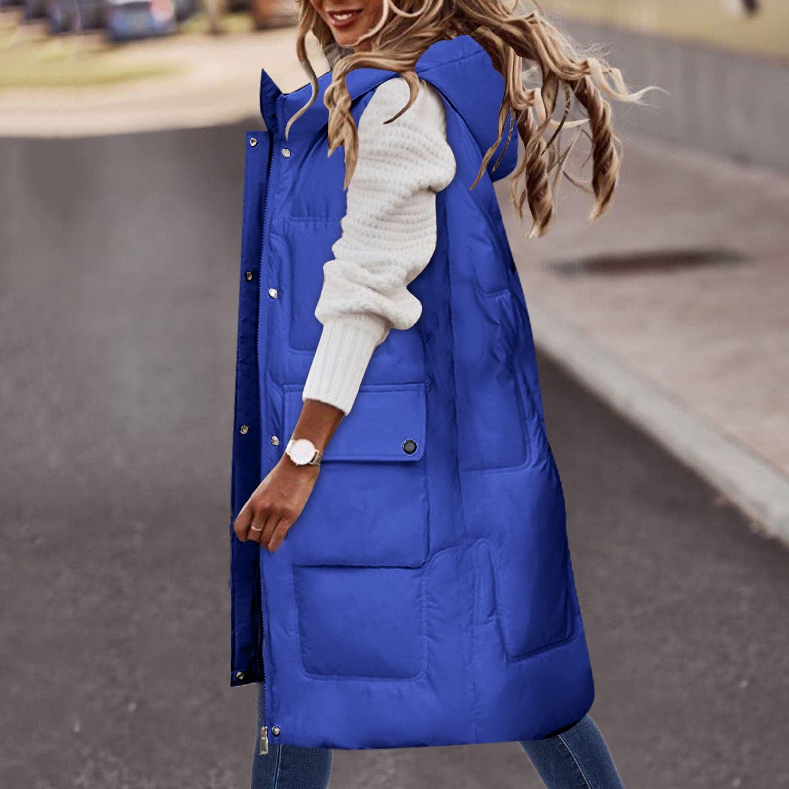 Women's Long Down Vest Sleeveless Hooded Jacket Plus Size Winter Warm ...