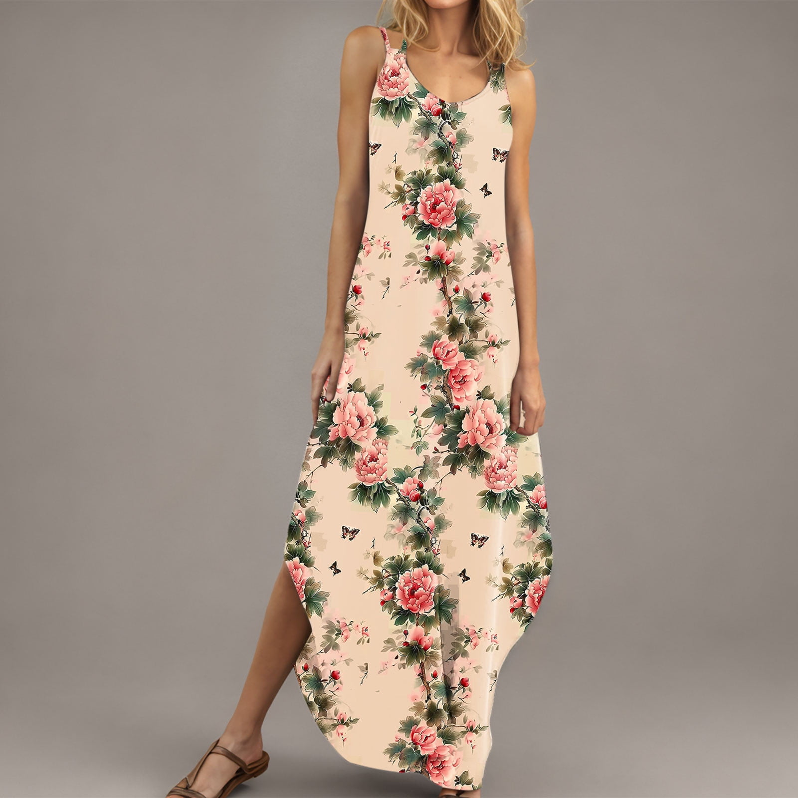 Women's Long Dresses Beach Summer Dress Spaghetti Strap V-Neck Floral ...