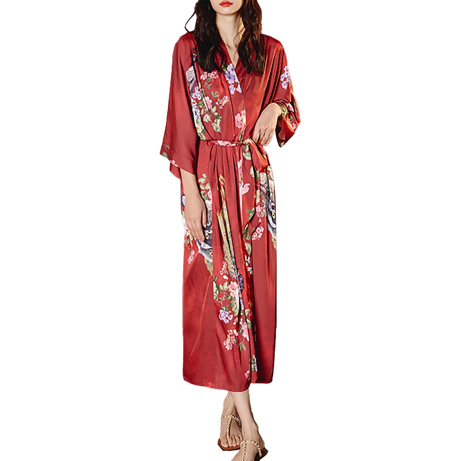 Womens Long Floral Satin Robes Imitation Silk Sleepwear Bridal
