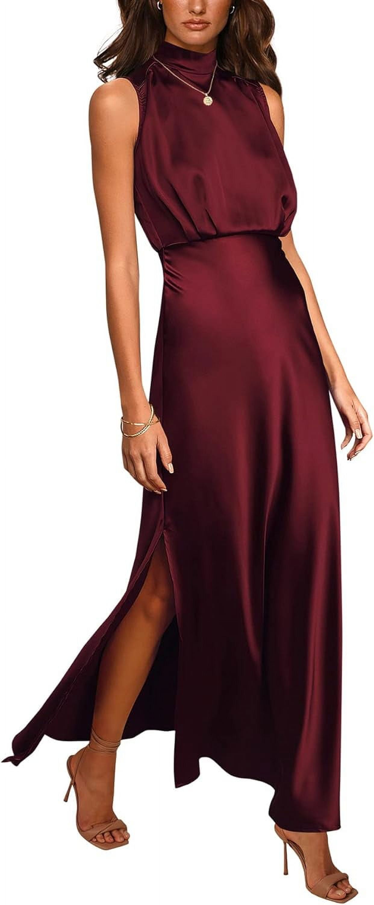 Women's Long Formal Satin Dress Mock Neck Sleeveless Side Slit Flowy ...