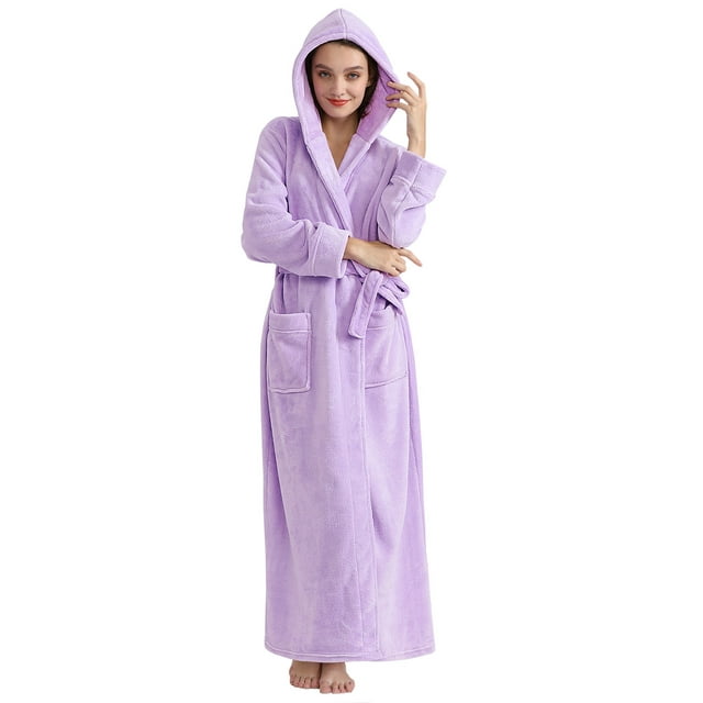 Women's Luxurious Flannel Fleece Long Hooded Bathrobe, Mid-calf to Full ...