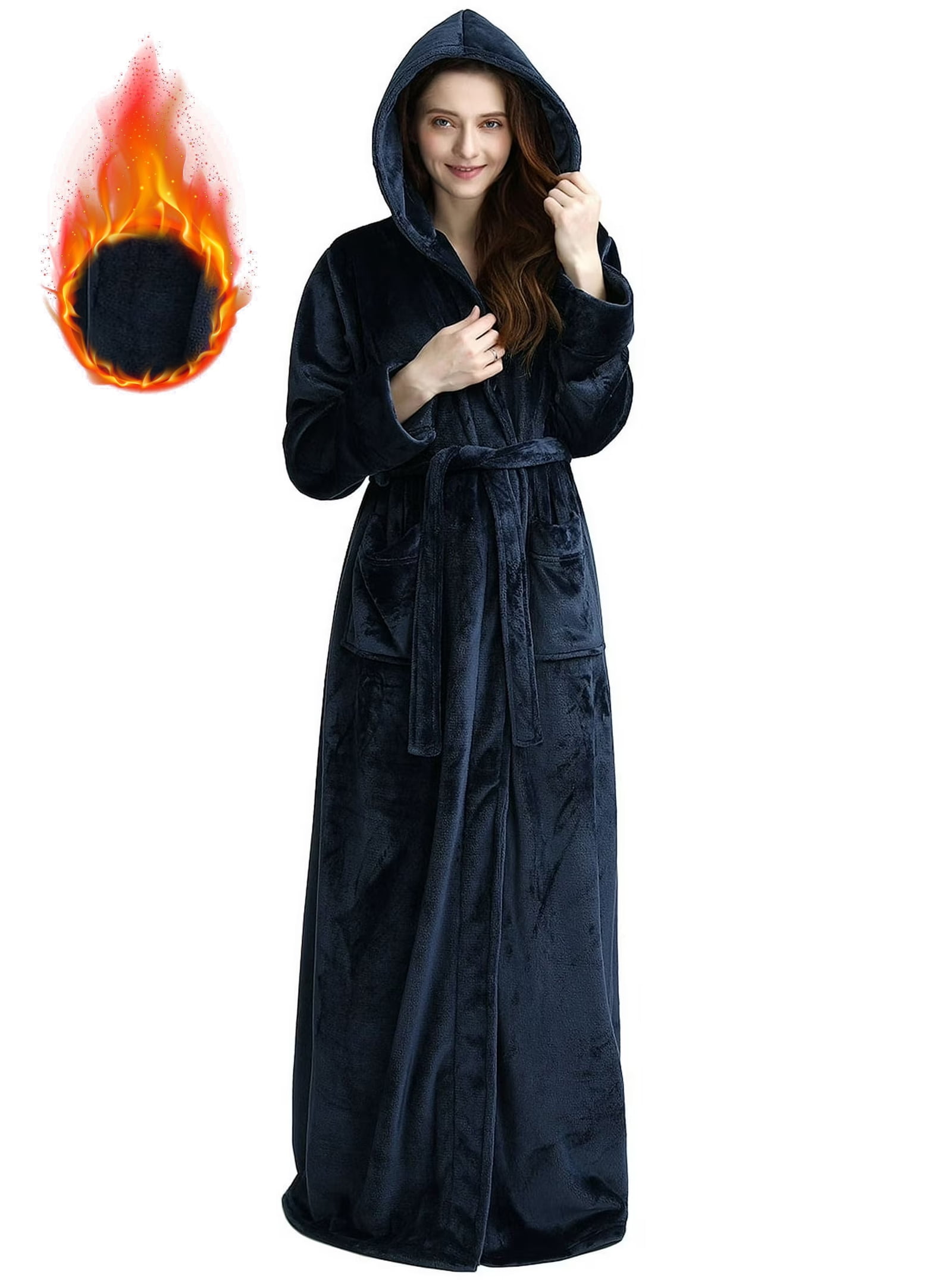 Women's Luxurious Flannel Fleece Hooded Robe, Long Bathrobe with Mid ...