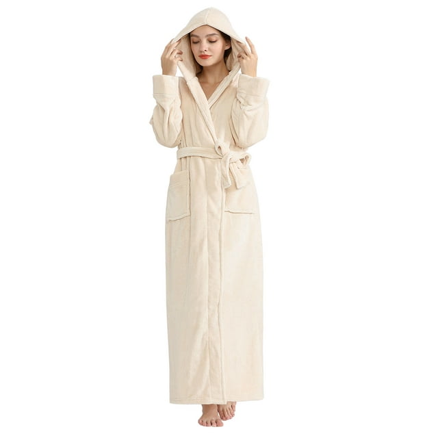 Women's Long Hooded Robes Luxurious Plush Fleece Bathrobe with Belt ...