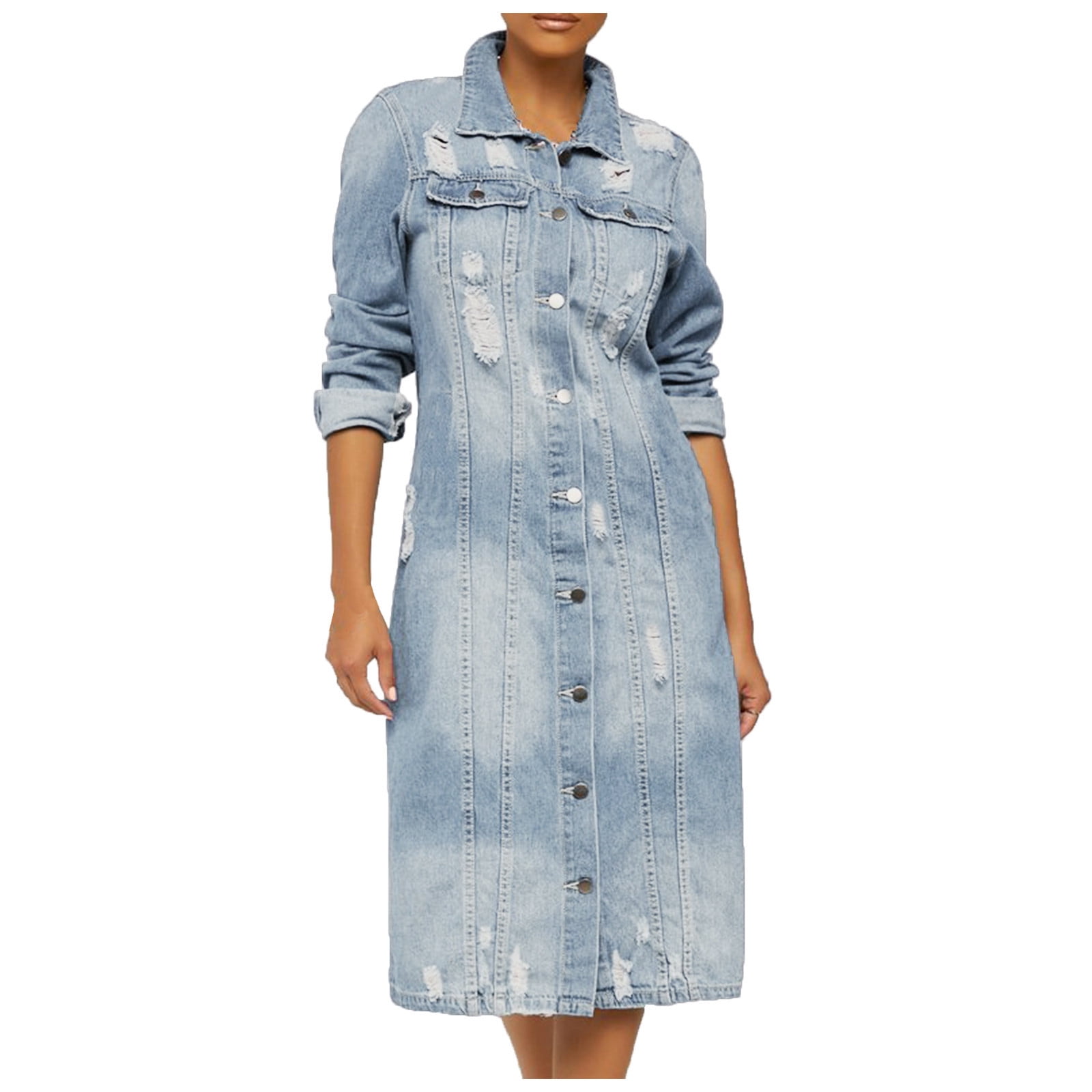 Women's Long Jean Jacket Loose Long Sleeve Denim Trench Coats BU1 M ...