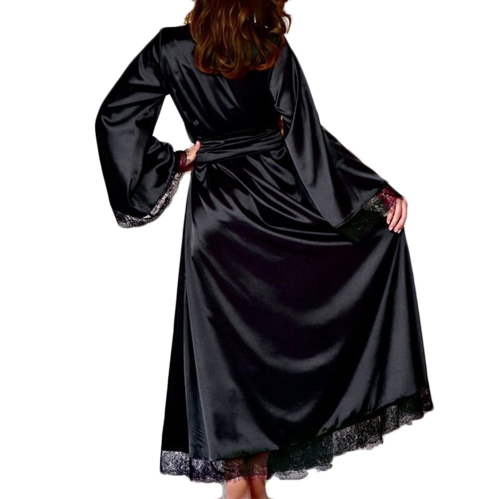 Women's Long Kimono Robe Long Sleeve Lace Sexy Satin Robe with ...