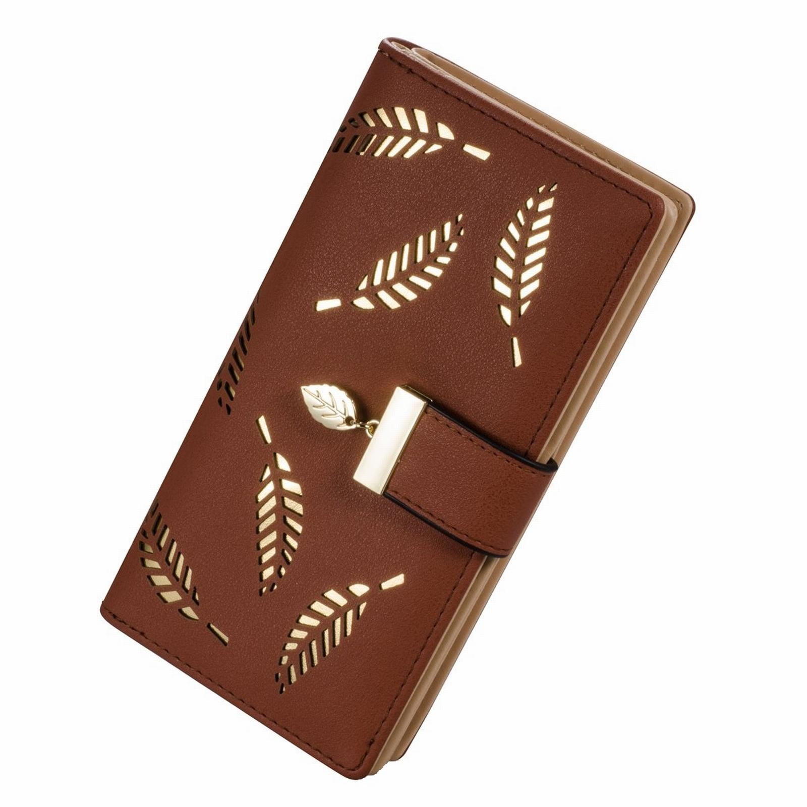 Women's Long Leaf Bifold Wallet Leather Card Holder Purse Zipper Buckle ...