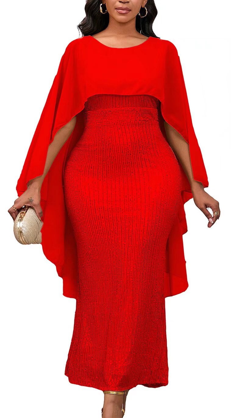 Women's Long Length Sequin Chiffon Beaded Capelet Dress, Formal Gown ...
