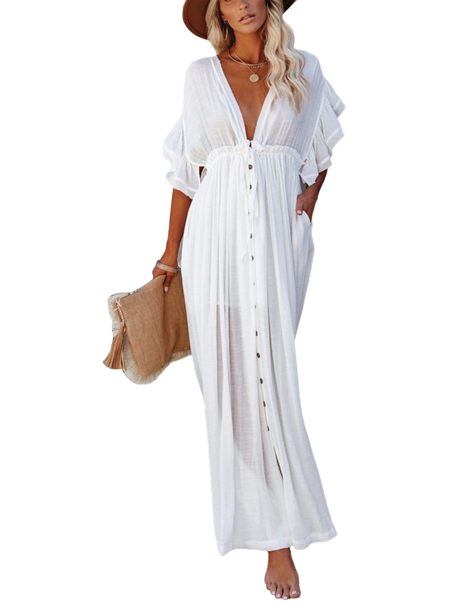 Women's Long Maxi Dress, Tie-up Knot Waist Single Breasted Button-Down ...