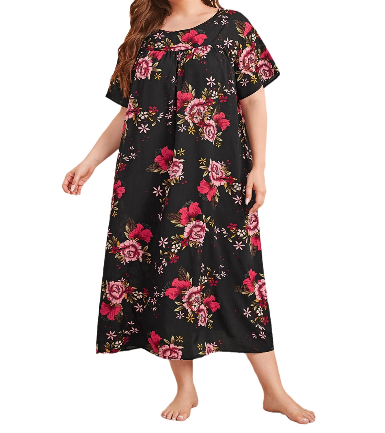 Women's Long Nightgown Sleepwear Short Sleeve Loose Loungewear Comfy ...
