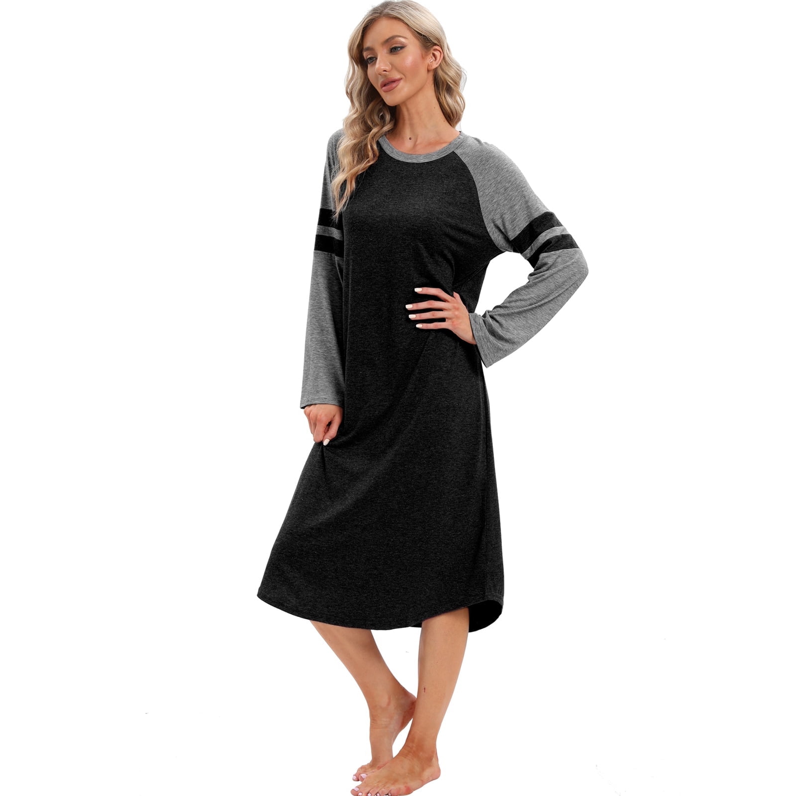 Baywell Women's Long Nightgowns Raglan Long Sleeve Crewneck Nightshirt Lounge Dress Oversized ...