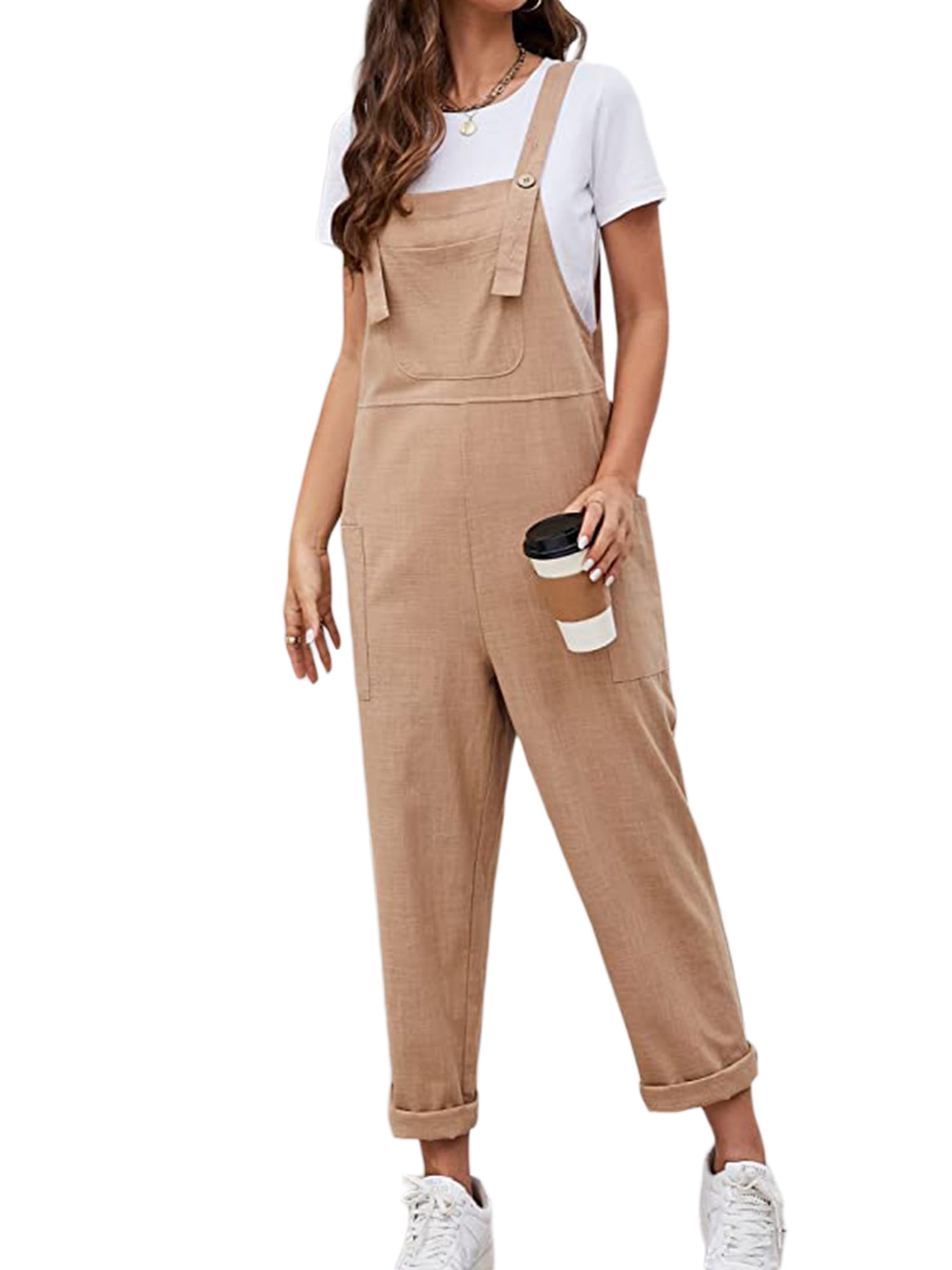 Women's Long Overalls Bib Pants Ladies Casual Sleeveless Solid Color ...