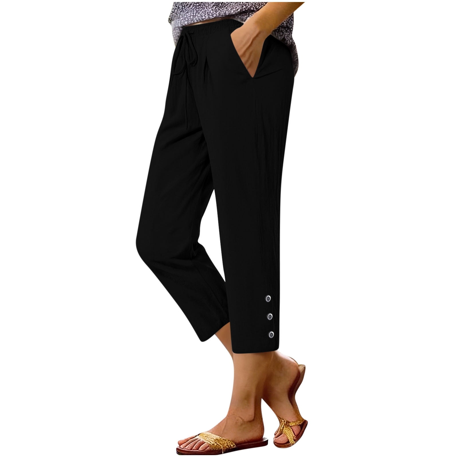 Women's Long Pants Solid Color Drawstring Pleated Cotton Linen Pocket ...