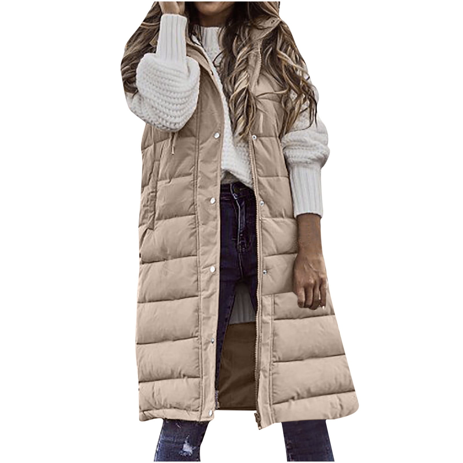Women's Long Puffer Vest Cotton Sleeveless Puffy Jacket with Hood Side ...