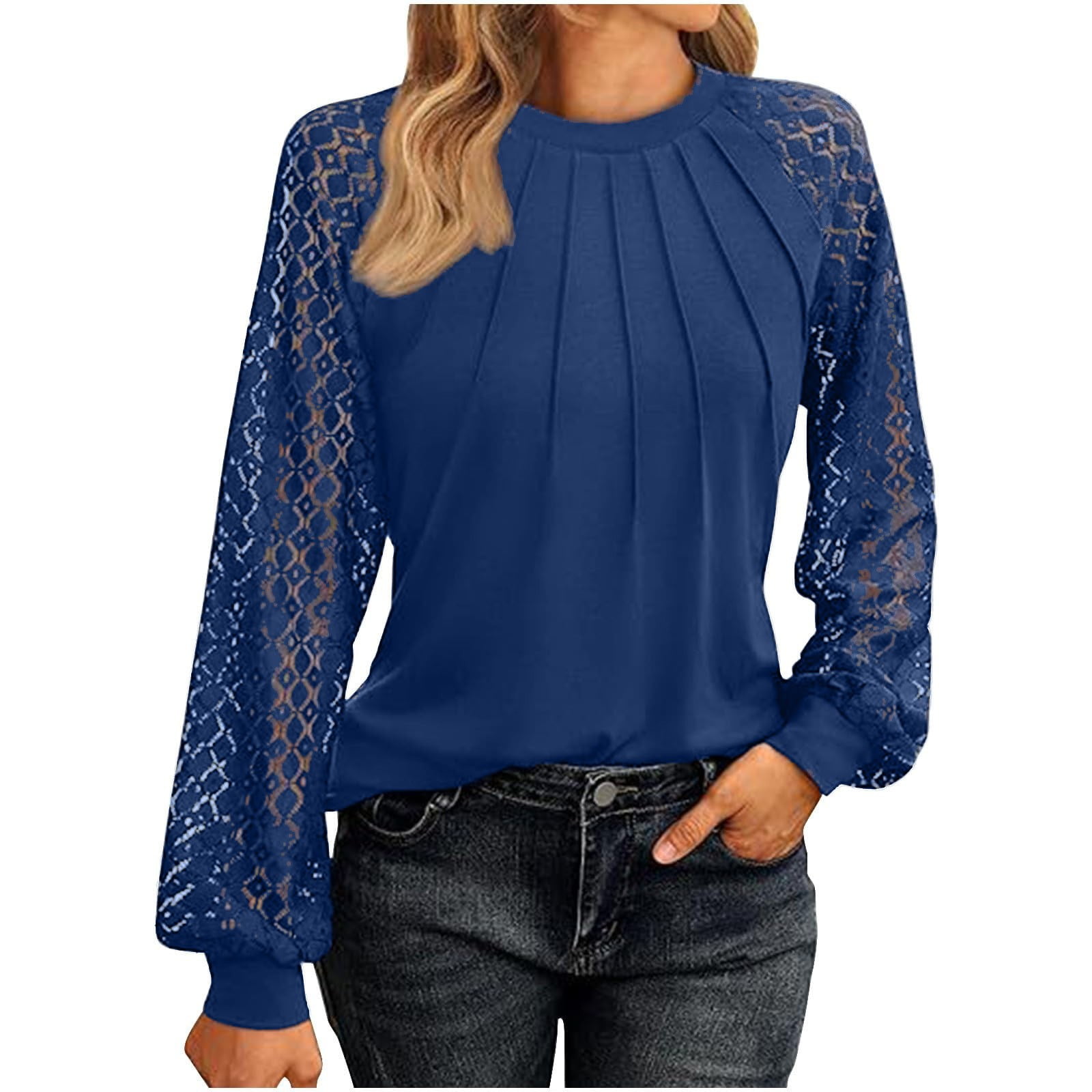 Women's Long Raglan Sleeve Top With A Round Neckline, Vertical Pleats ...