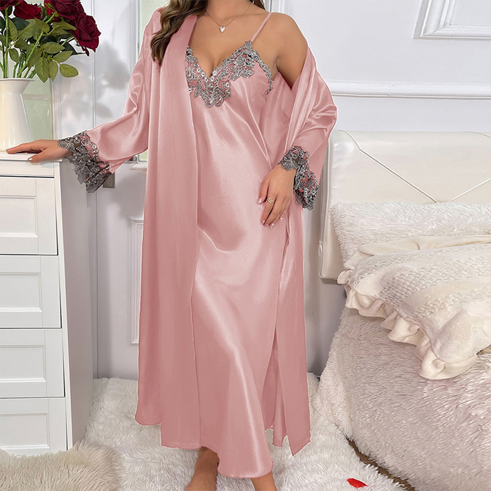 Womens Long Silk Pajama Sets Satin Robe With Nightgown 2 Piece Sleepwear Sexy Lace Cami