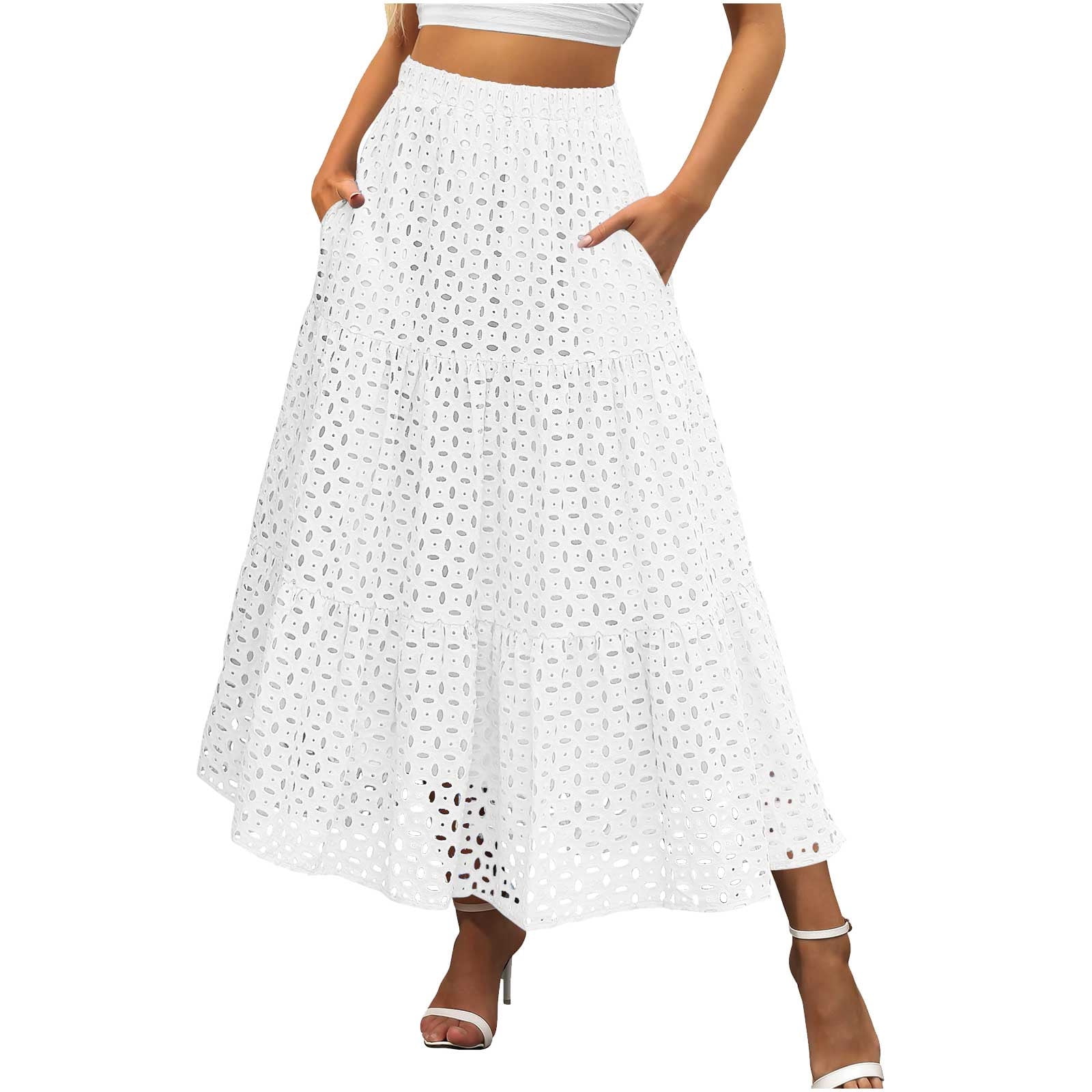 Women's Long Skirts Solid Color Maxi Skirts Eyelet Smocked Tiered A ...