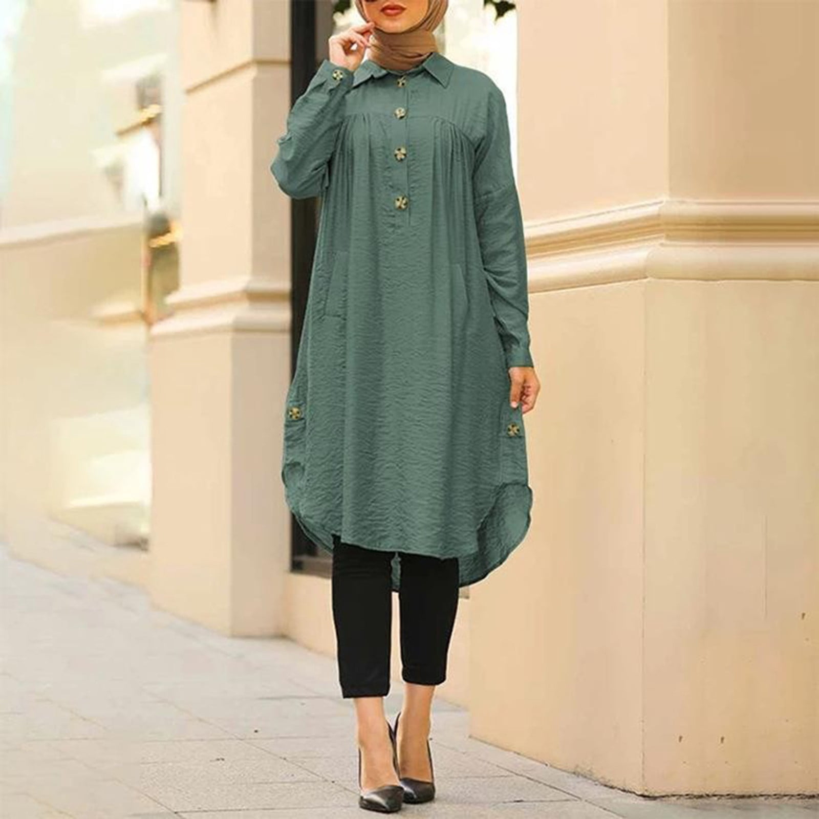 Women's Long Sleeve Button Down Abaya Casual Dress Dubai Outfits Long ...