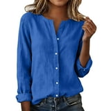 Women's Long Sleeve Button Down Shirts Linen Solid Color V-Neck ...