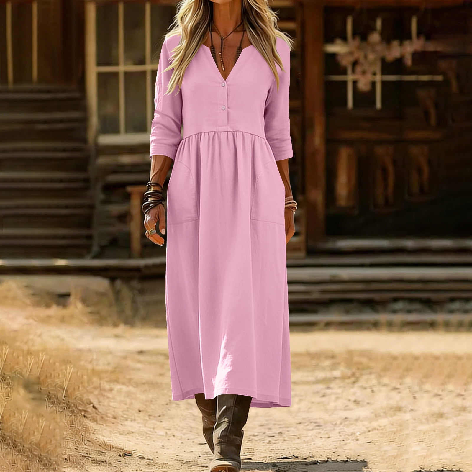 Women‘s Long Sleeve Button‑Front Maxi Dress - Belted Casual Dress for ...
