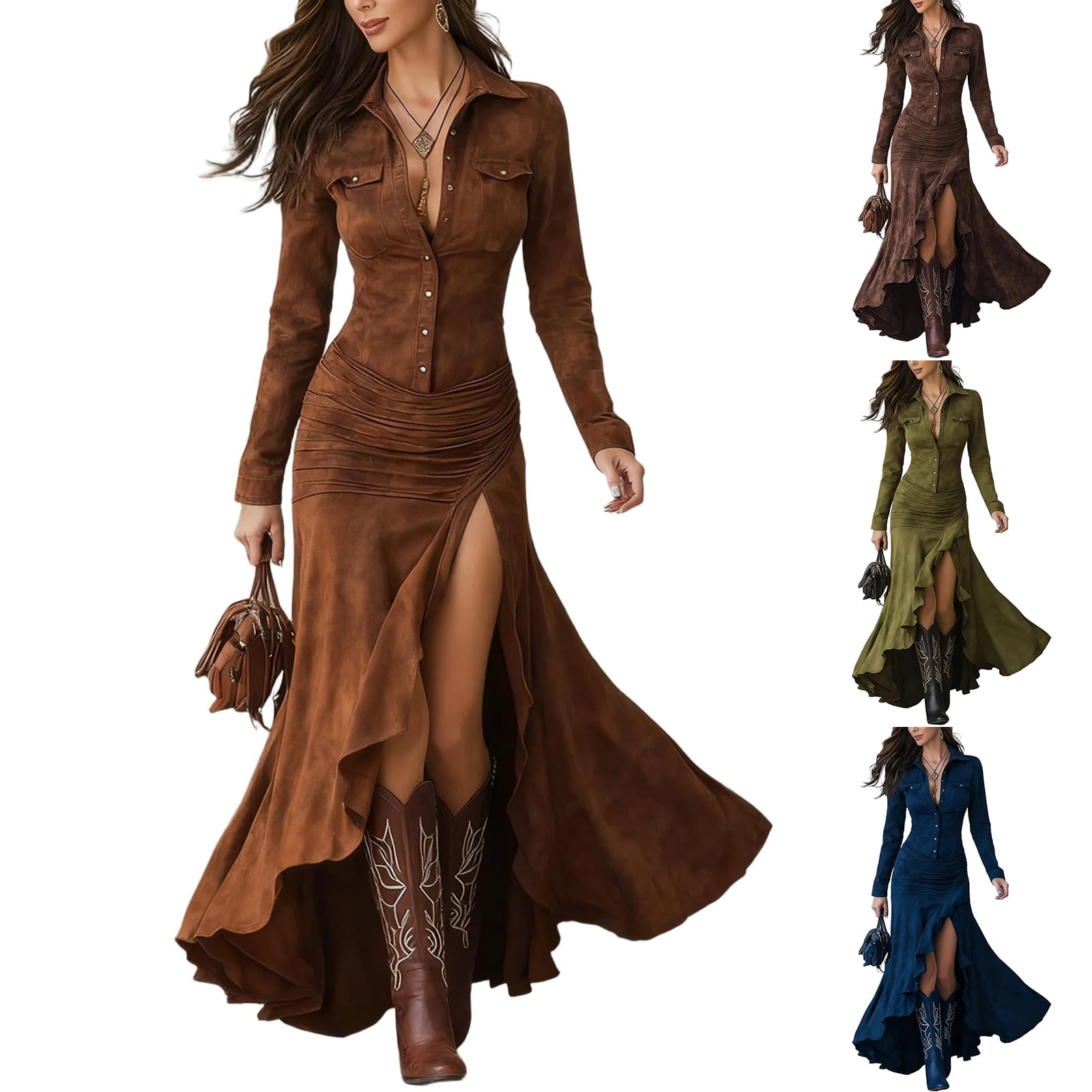 Women's Long Sleeve Button-Up Extra-Long Dress Wrap Asymmetrical ...