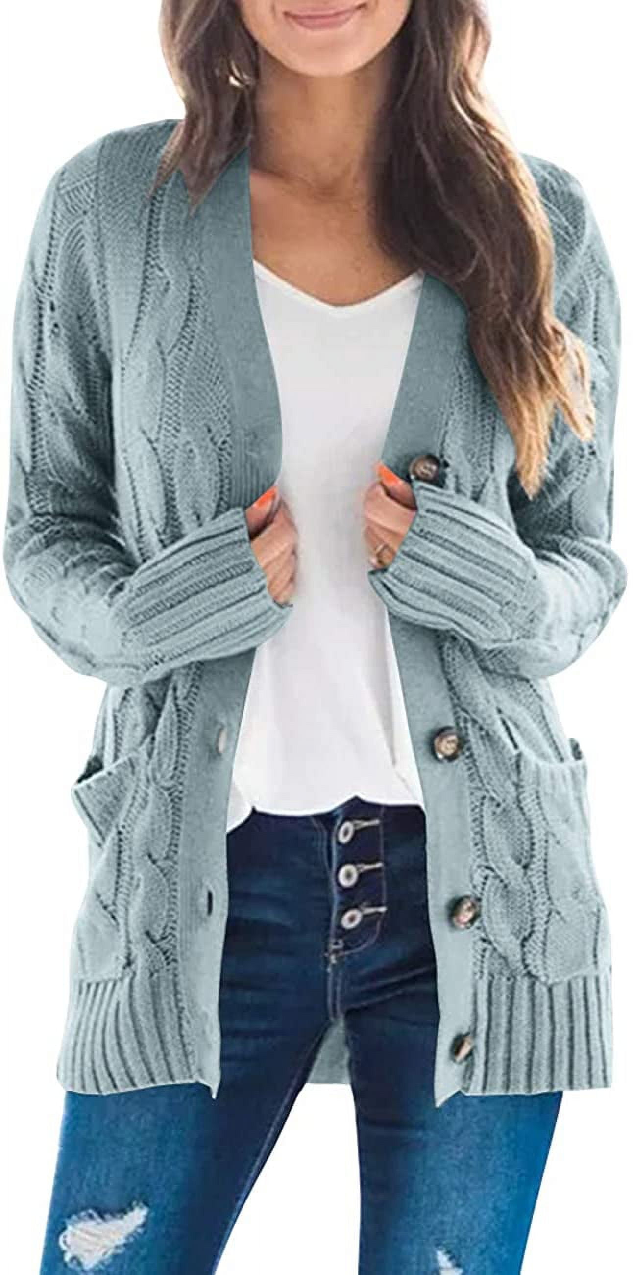 Women's Long Sleeve Cable Knit Sweater Button Front Cardigan Loose Coat ...