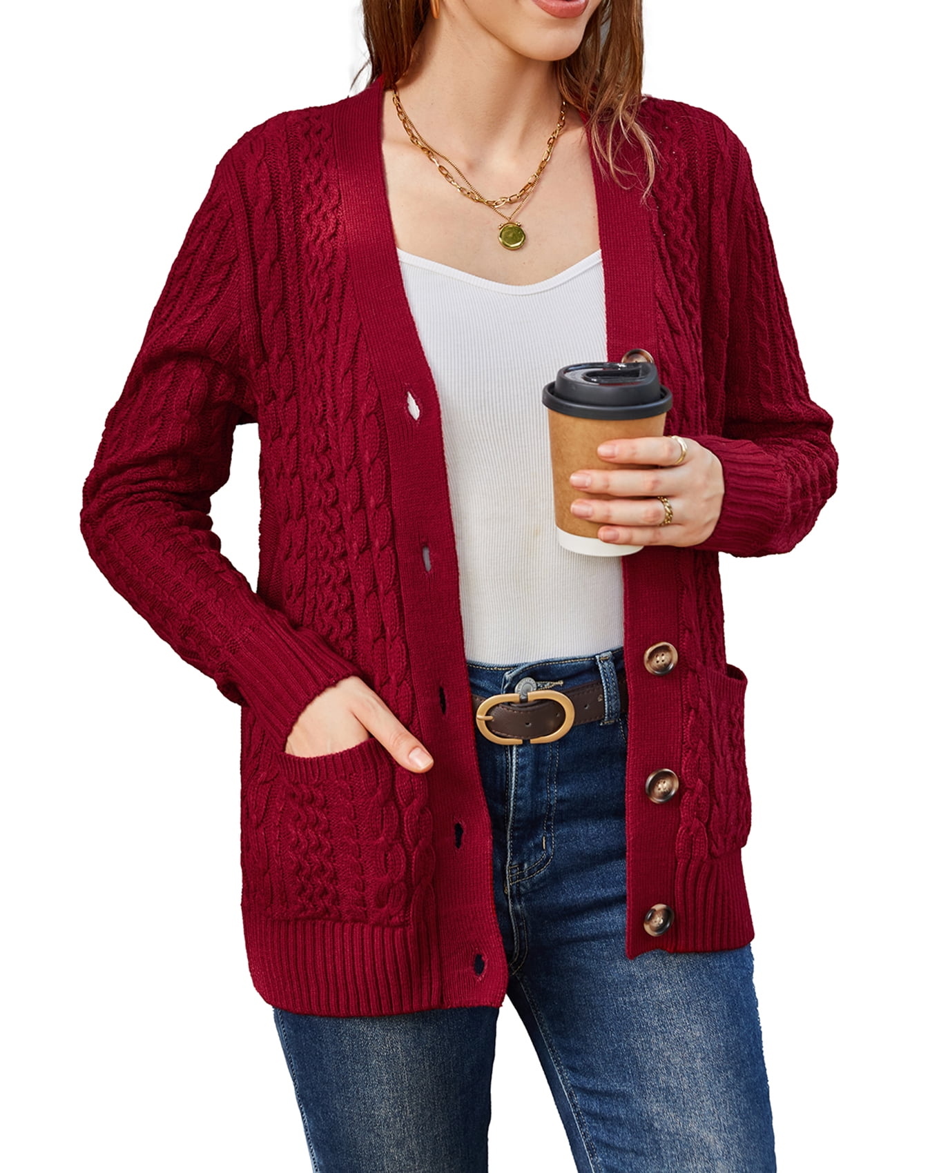 Womens Long Sleeve Cable Knit Sweater Open Front Cardigan Button Loose