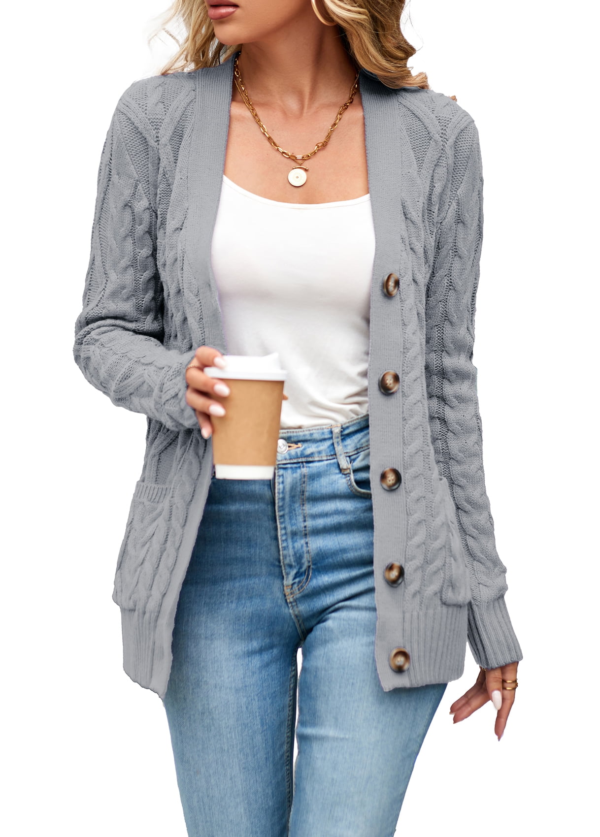 Womens Long Sleeve Cable Knit Sweater Open Front Cardigan Button Loose