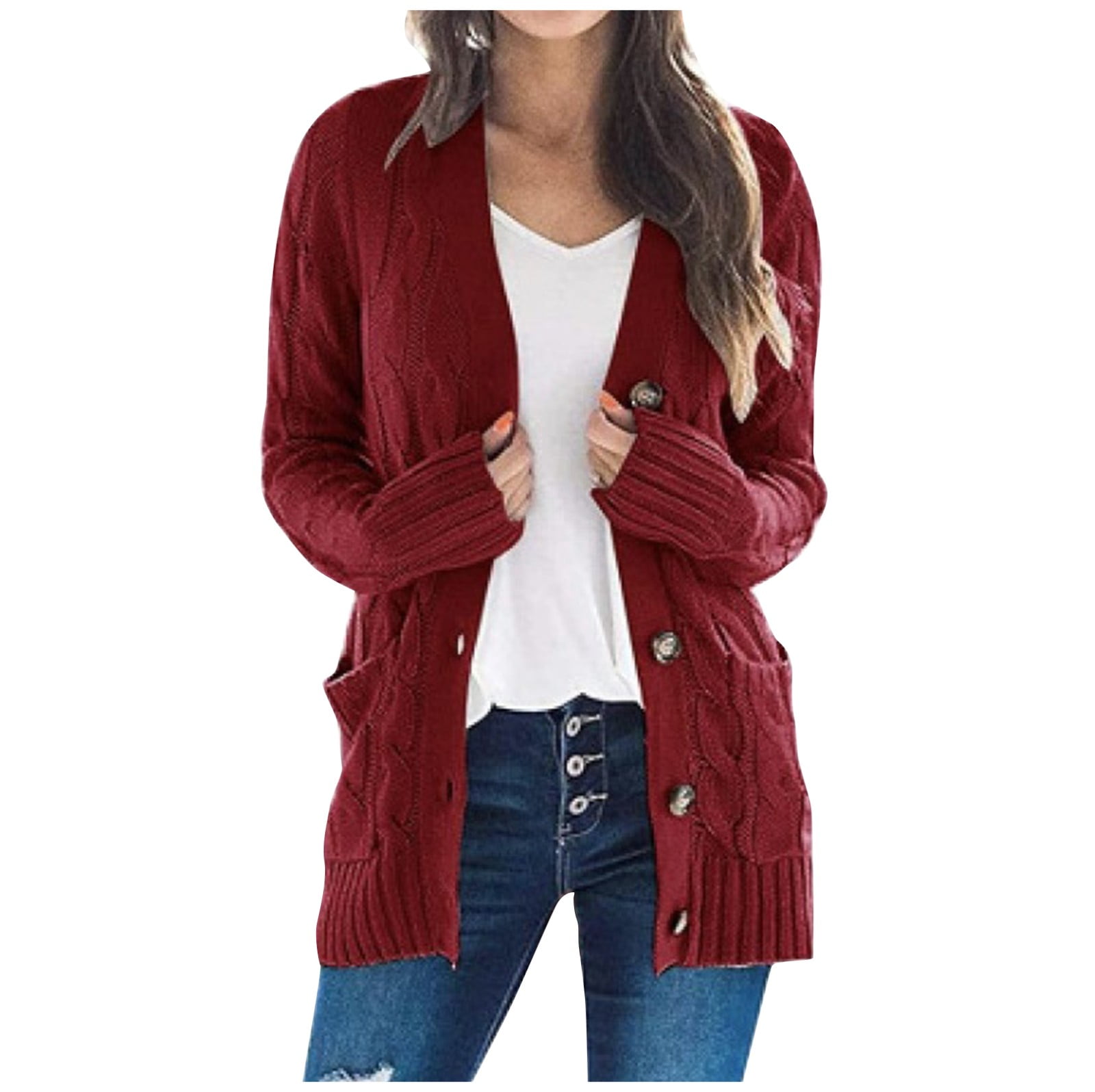 Womens Long Sleeve Cable Knit Sweater Open Front Cardigan Button Loose