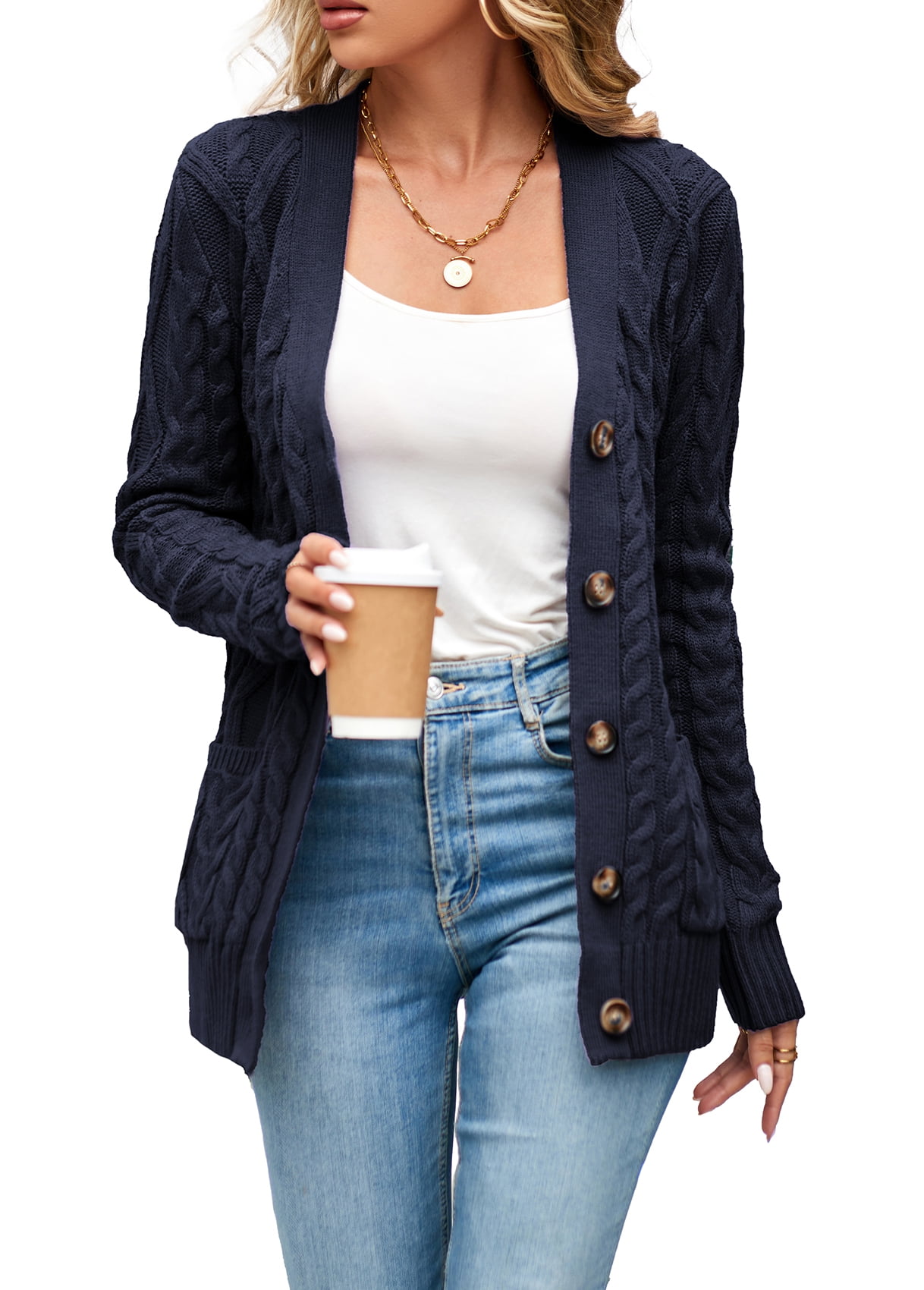 Womens Long Sleeve Cable Knit Sweater Open Front Cardigan Button Loose