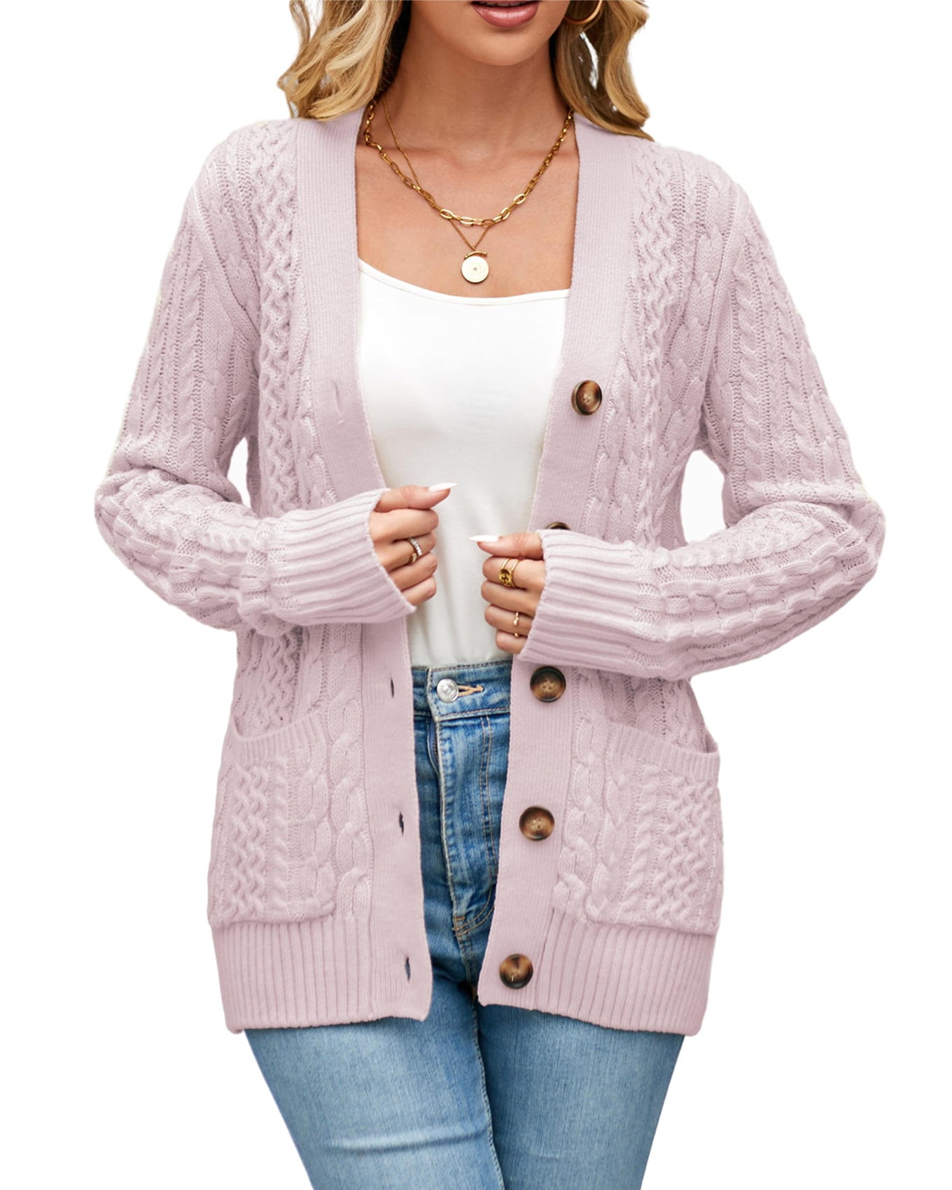Womens Long Sleeve Cable Knit Sweater Open Front Cardigan Button Loose