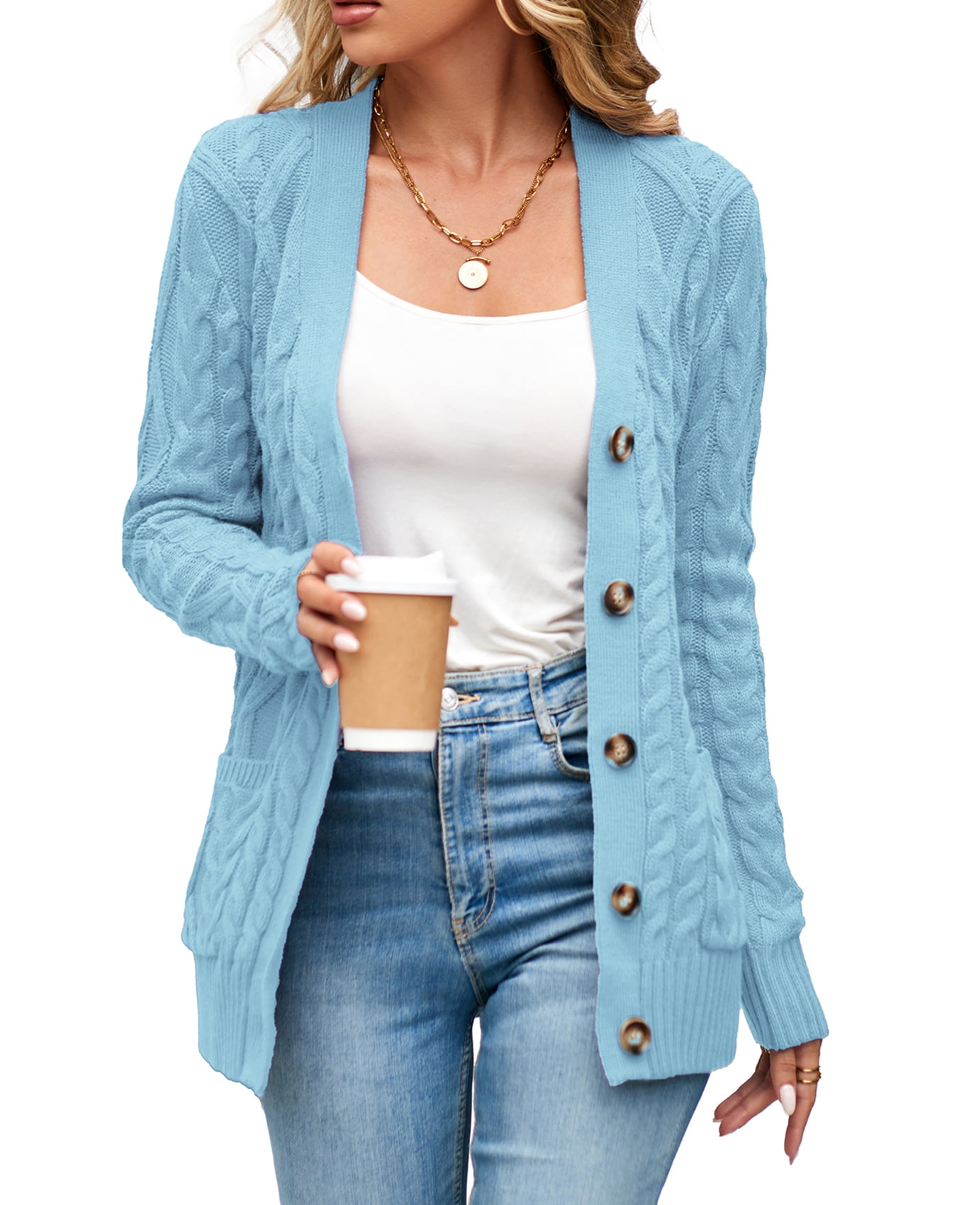 Womens Long Sleeve Cable Knit Sweater Open Front Cardigan Button Loose