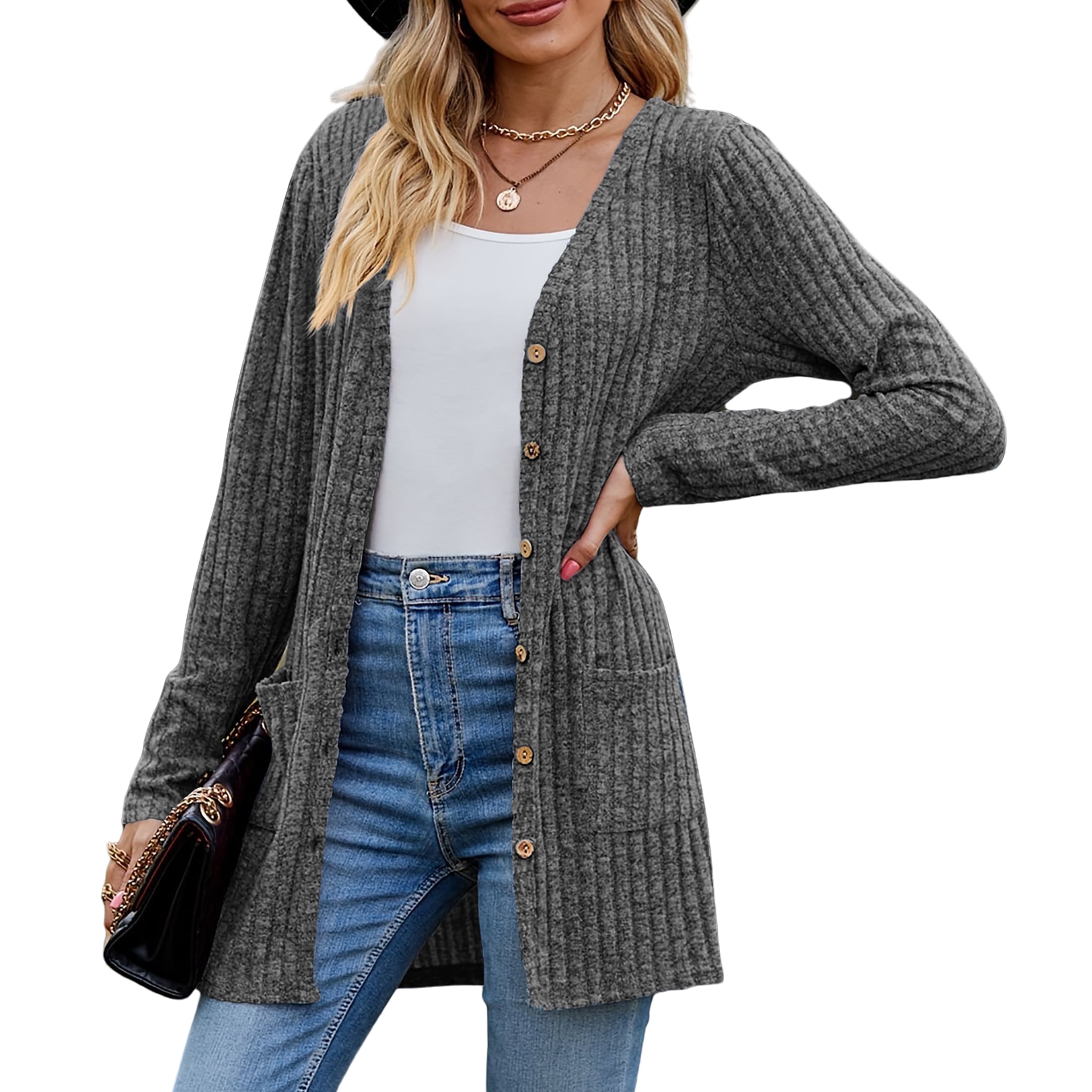 Women's Long Sleeve Cardigan Sweater Lightweight Button Down Brushed ...