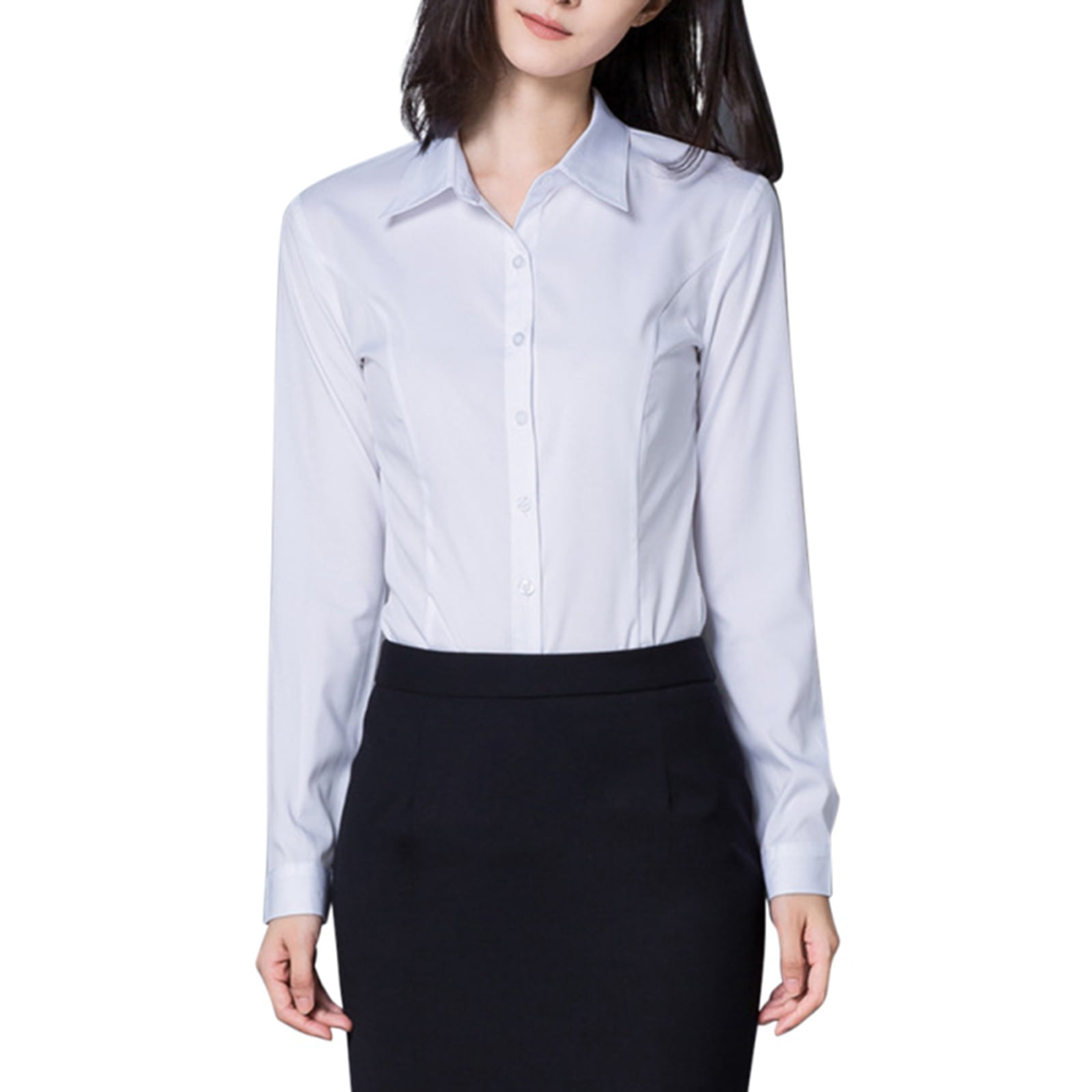 Women's Long-Sleeve Classic-Fit Oxford Shirt,Office Work Shirts Lapel ...