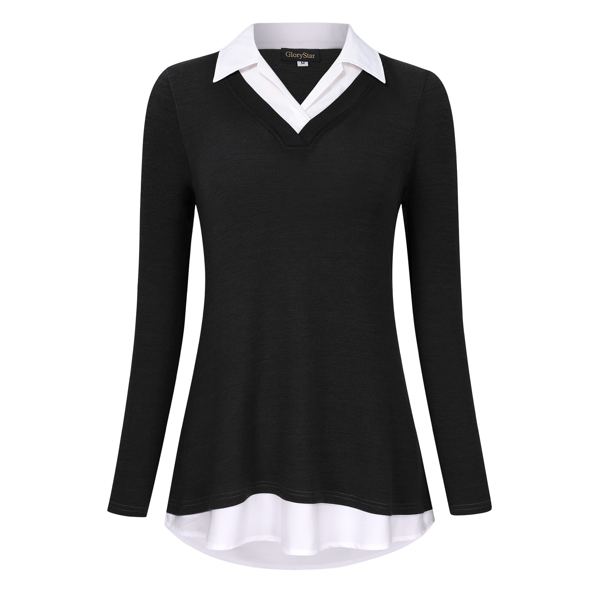 Women's Long Sleeve Contrast Collared Shirts Patchwork Work Blouse ...