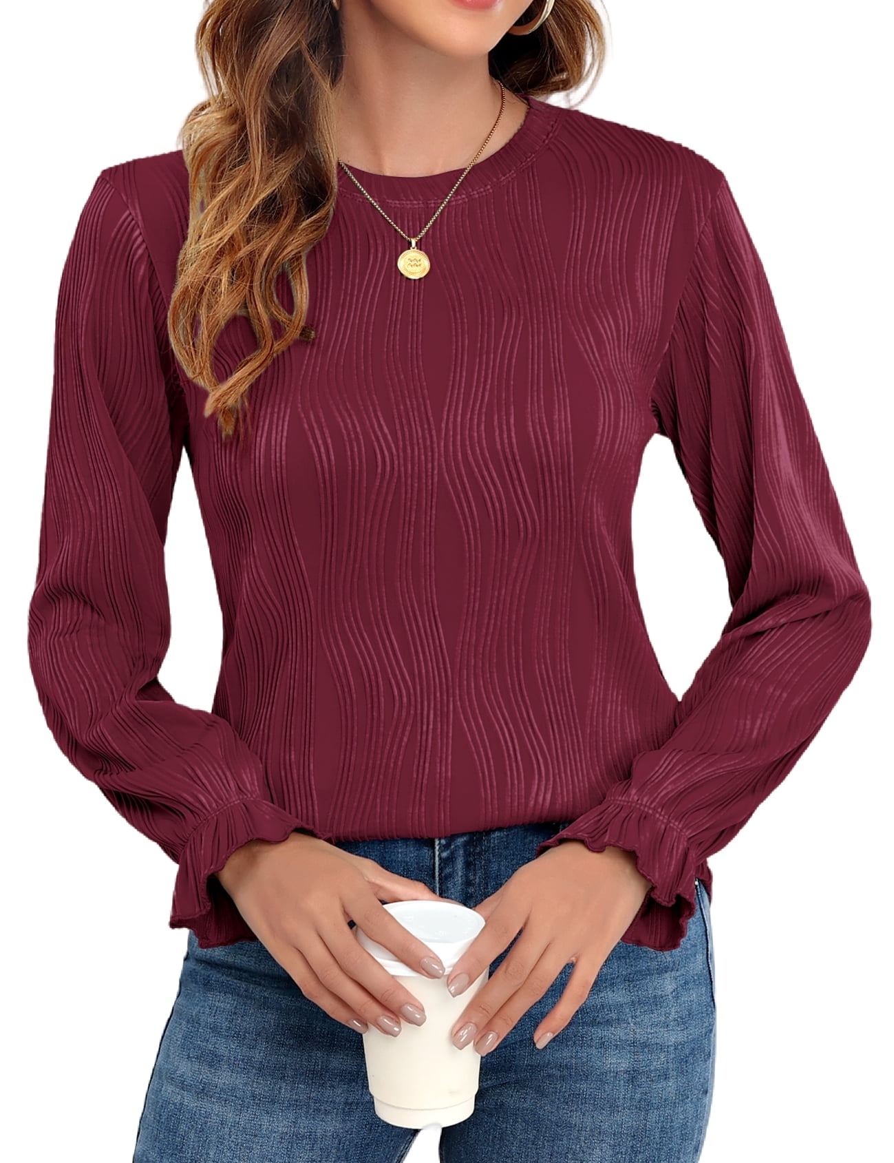 Women's Long Sleeve Fall T-Shirts Slim Fit Crewneck Textured Casual ...