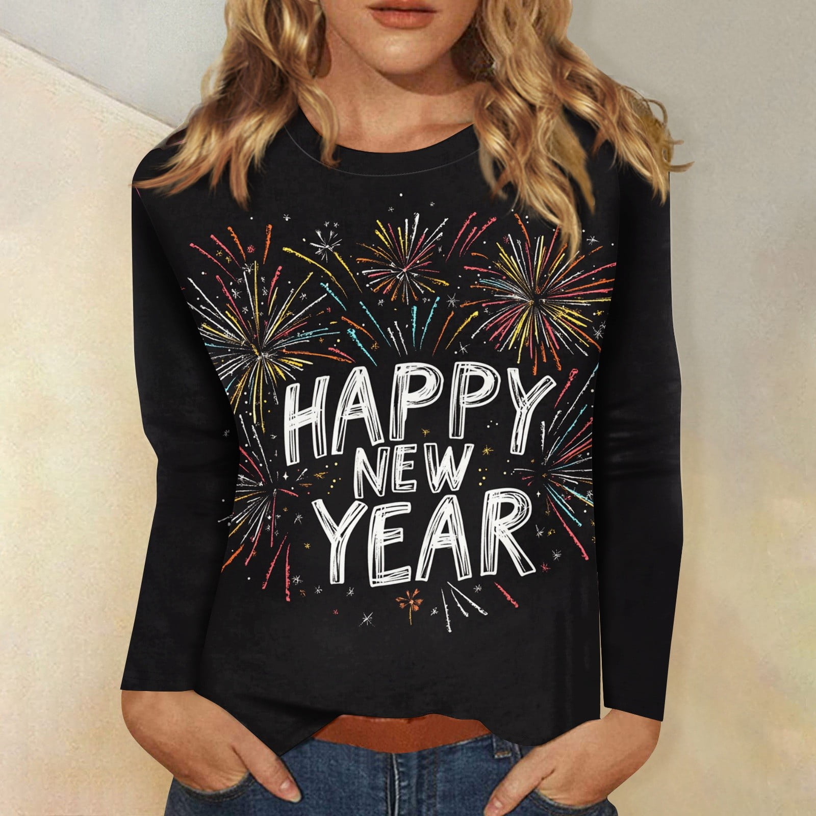 Women's Long Sleeve Happy New Year Graphic T-Shirt Fireworks Print ...
